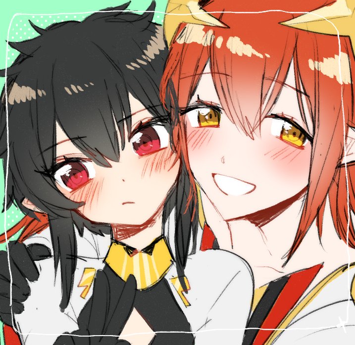 Safebooru - 2boys androgynous bishounen black hair blush embarrassed green background koyashaka ...