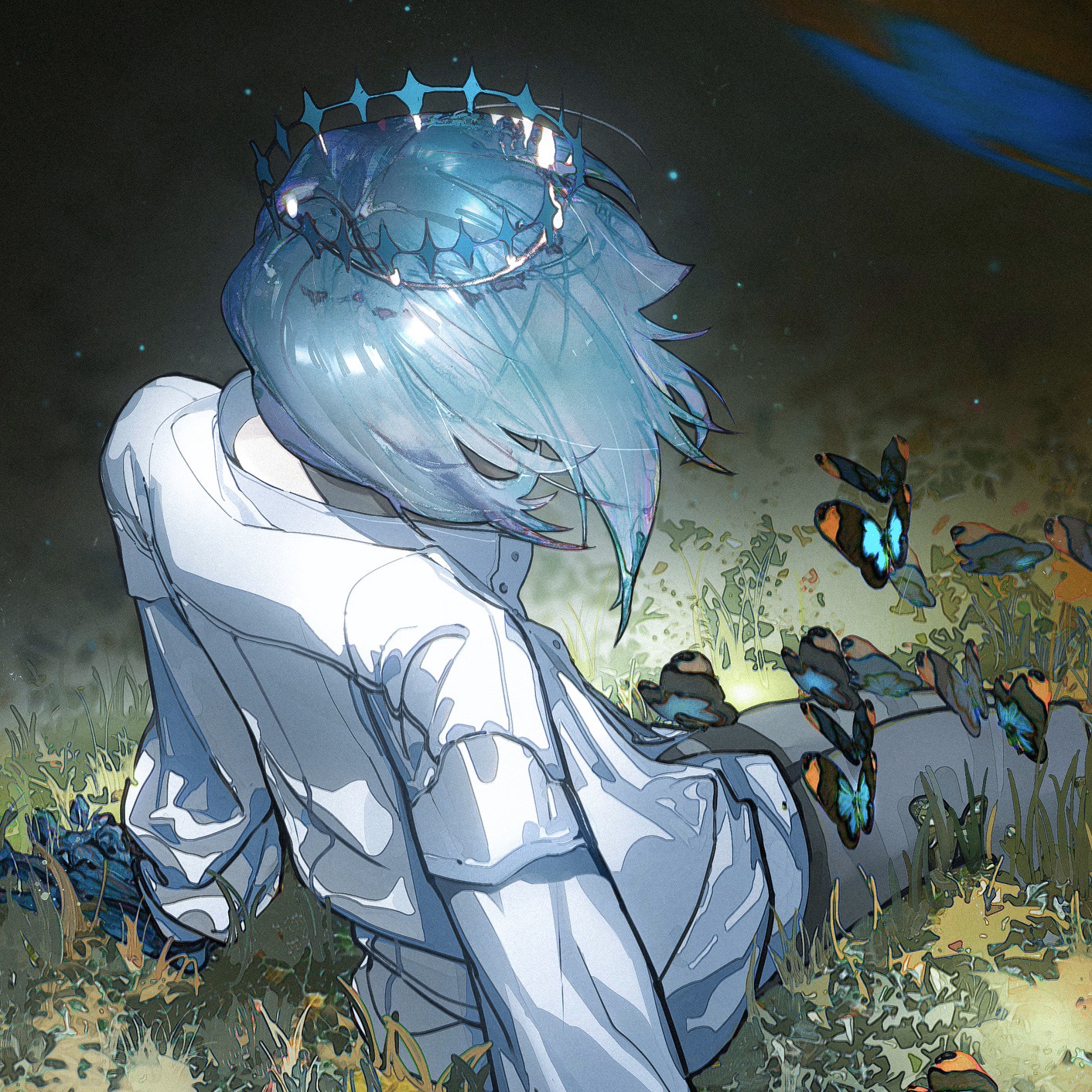 Safebooru - 1boy alternate hair color back black pants blue hair bug ...