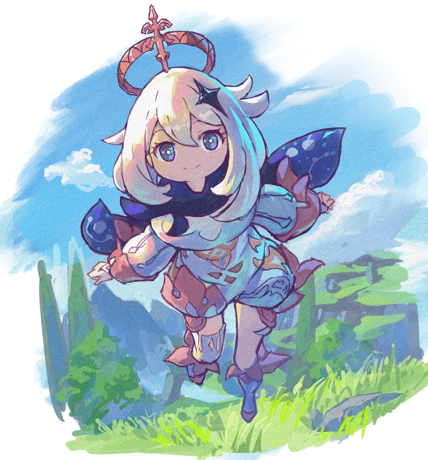 Safebooru - 1girl asymmetrical legwear blue cape blue eyes blue scarf ...
