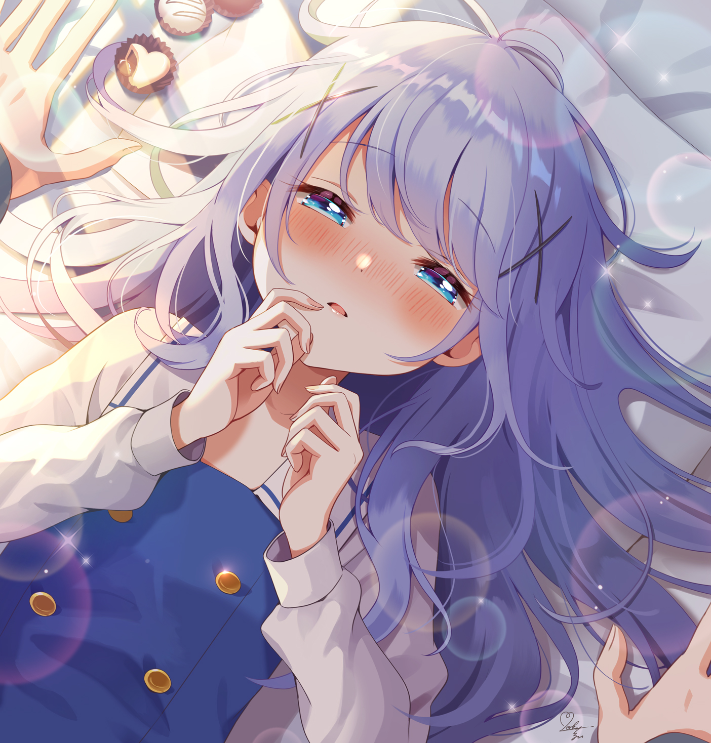 Safebooru - 1girl bangs bed sheet blue eyes blush chocolate commentary food gochuumon wa usagi ...