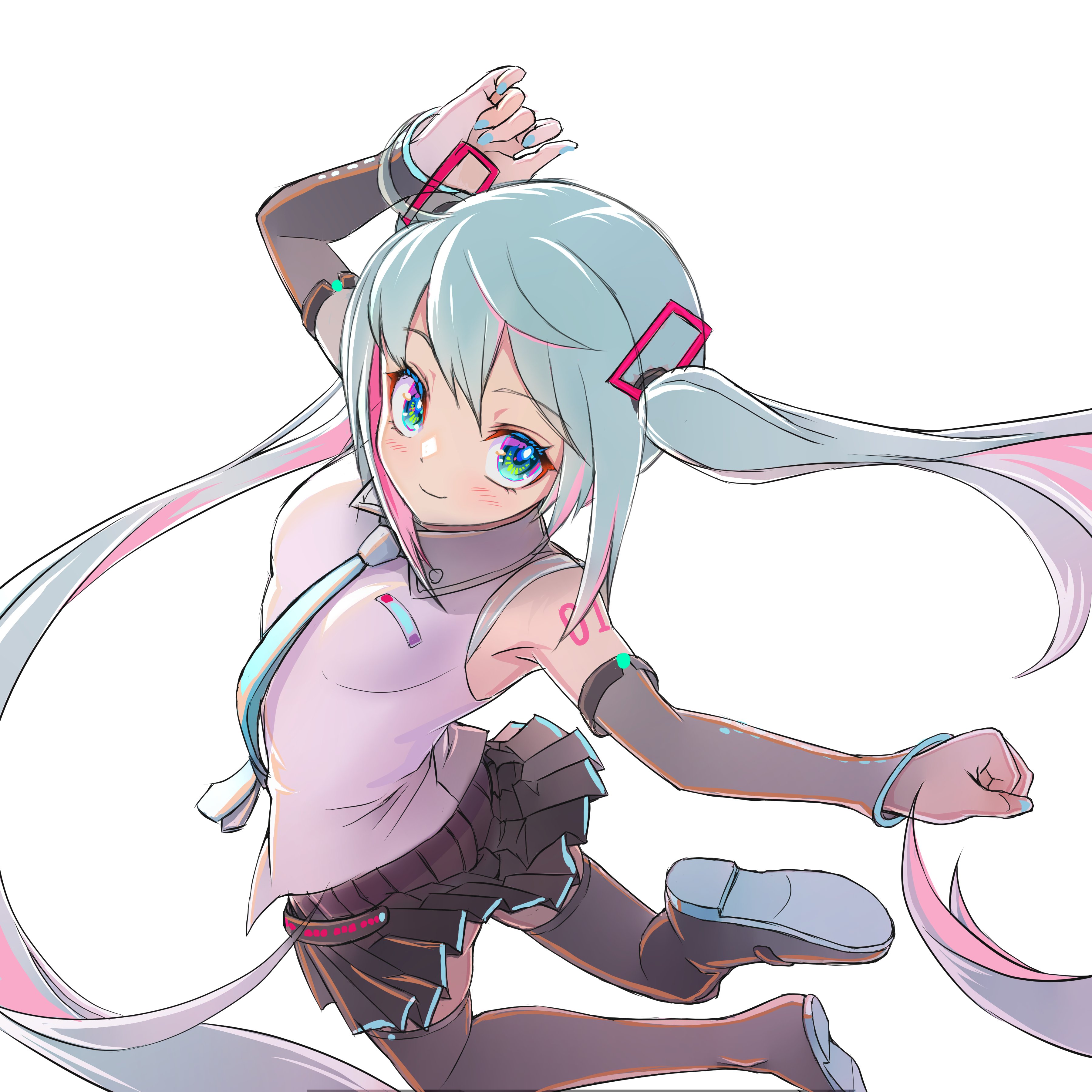 Safebooru - 1girl absurdres arms up bangs bare shoulders black legwear black skirt blue eyes ...