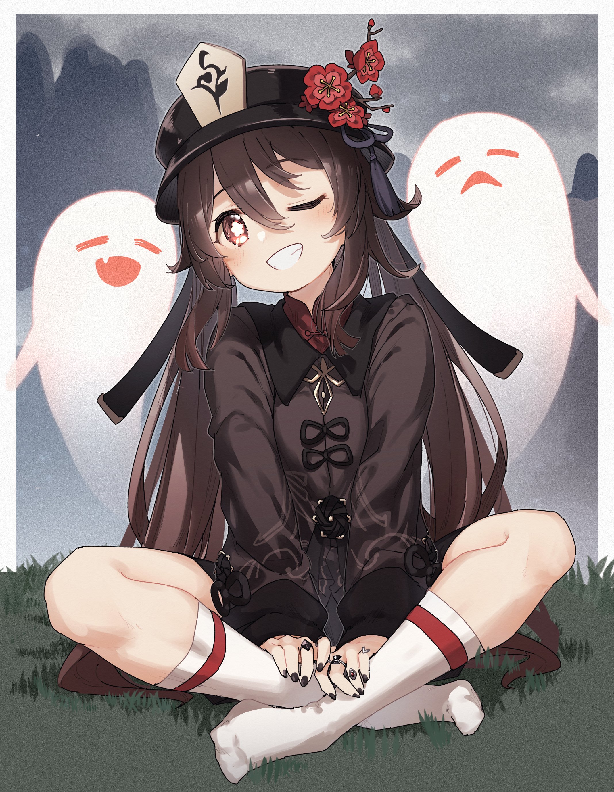 Safebooru - 1girl :d = = absurdres bangs black headwear black nails black shorts brown hair ...