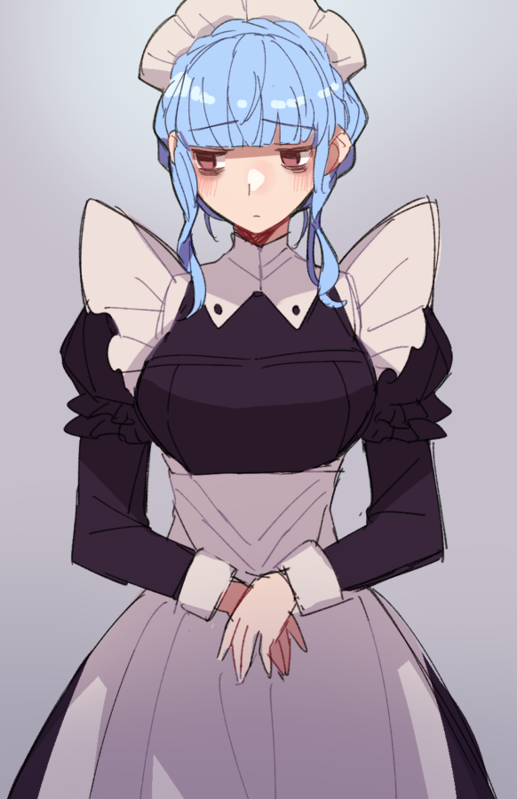 Safebooru - 1girl alternate costume apron bags under eyes bangs black dress blue hair blunt ...