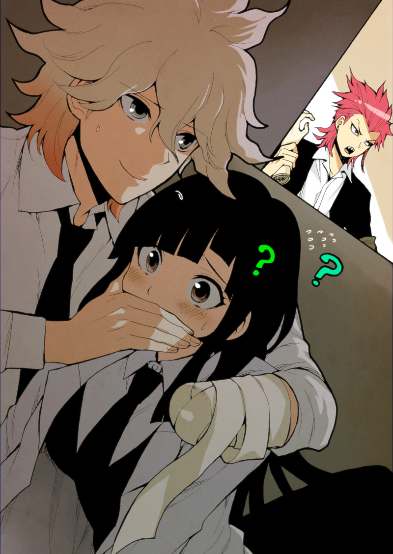 Safebooru - 1girl 2boys ? amputee bandaged arm bandages bangs black jacket black necktie black ...