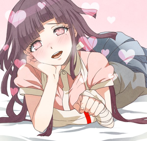 Safebooru - 1girl :d apron bandaged arm bandages bangs blue skirt blush breasts collared shirt ...