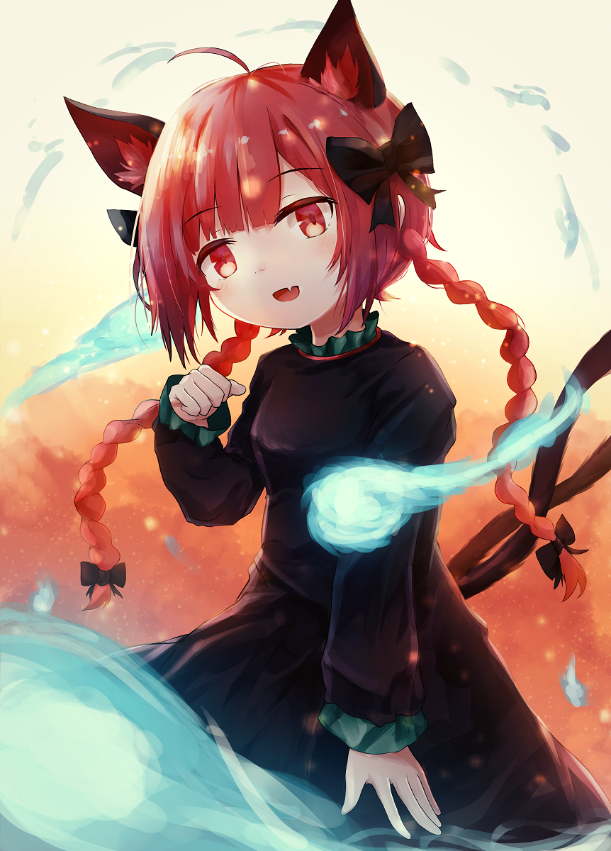 Safebooru - 1girl :d ahoge animal ear fluff animal ears ar (maeus) bangs black bow black dress ...