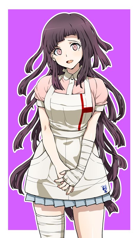 Safebooru - 1girl :d apron bandaged arm bandaged leg bandages bangs black hair border breasts ...