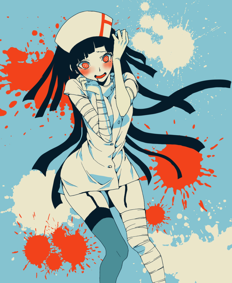 Safebooru - 1girl bandaged arm bandaged leg bandages bangs black hair blue background blush ...
