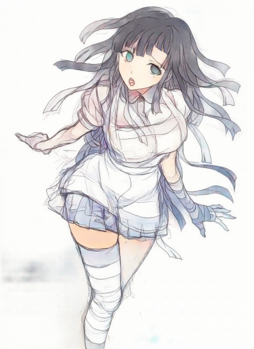 Safebooru - 1girl :o apron bandaged leg bandages bangs black eyes black hair blue skirt breasts ...