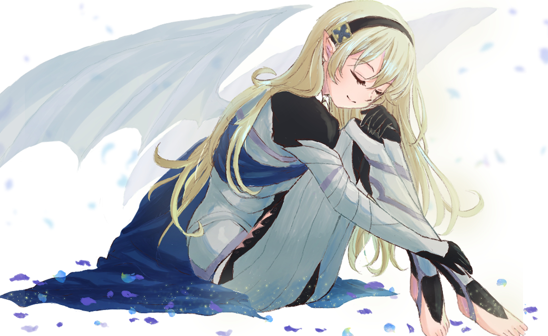 Safebooru - 1girl barefoot black gloves black hairband blonde hair blue cape cape closed eyes ...