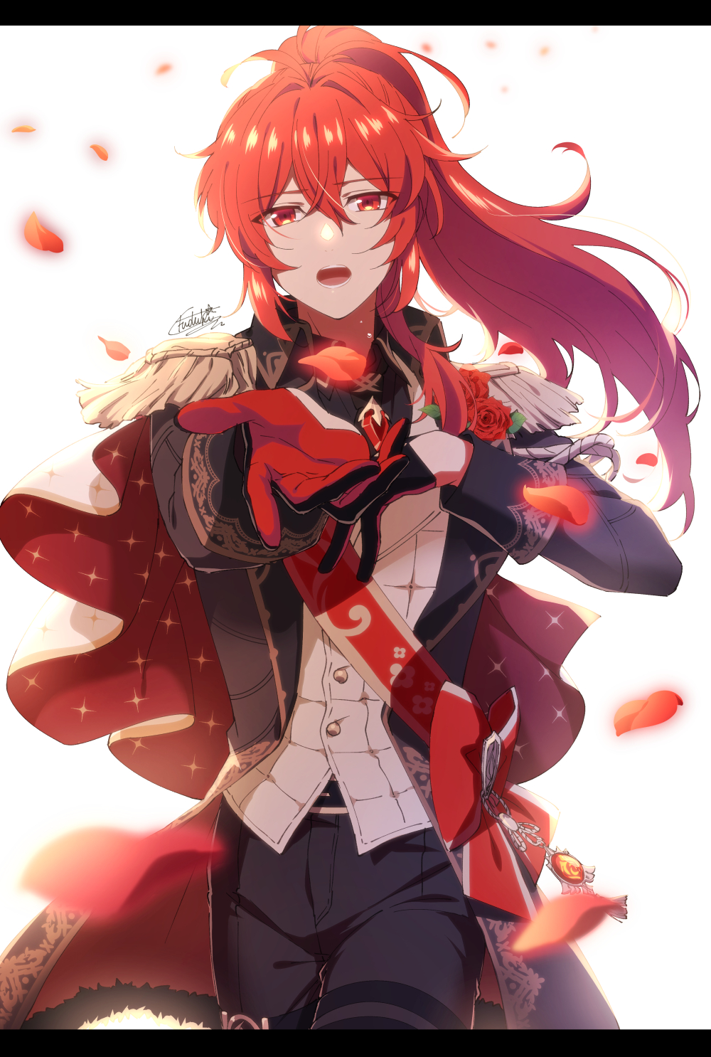 Safebooru - 1boy bangs blush diluc (genshin impact) flower genshin ...