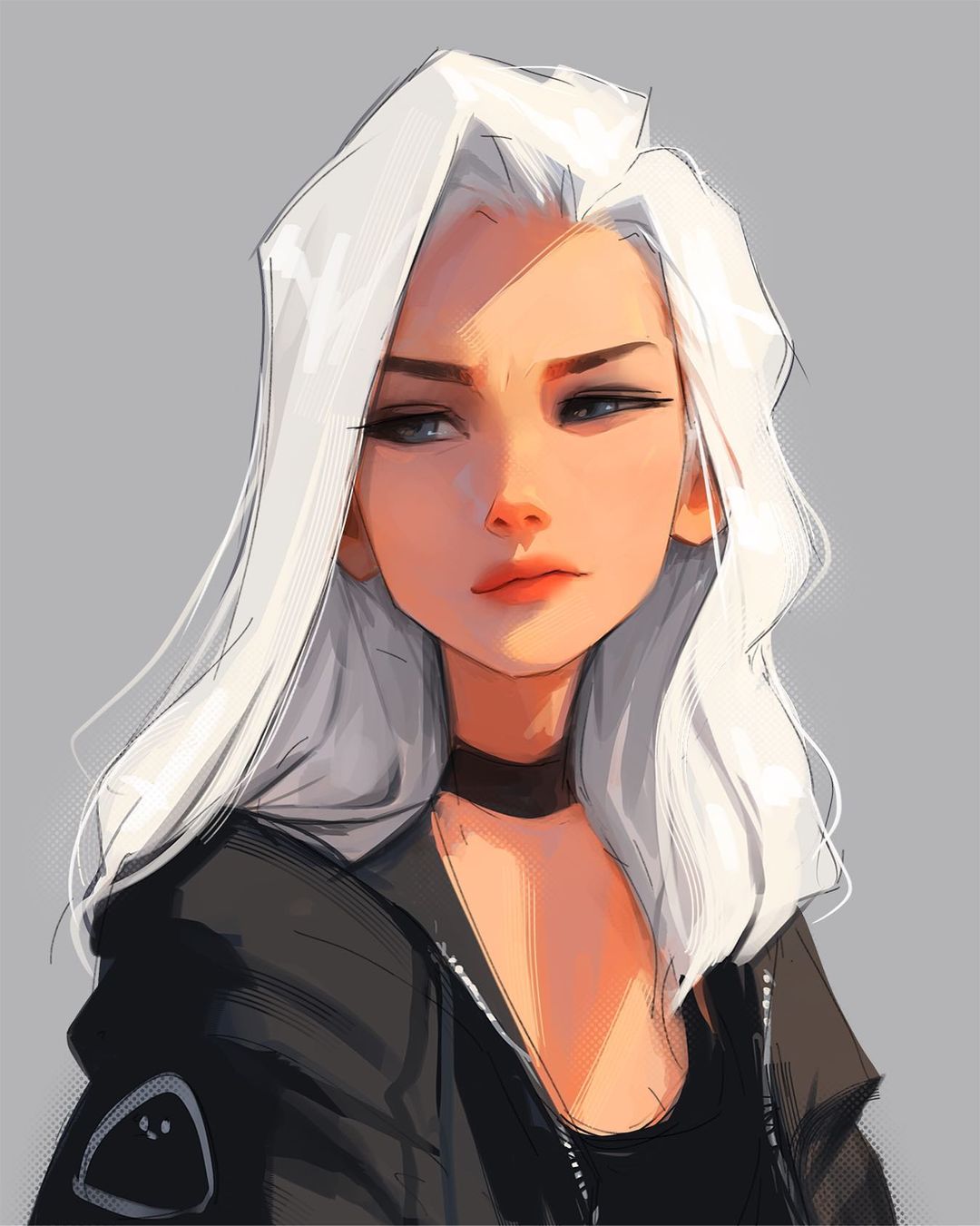 Safebooru - 1girl black choker blue eyes choker closed mouth grey background highres lips long ...