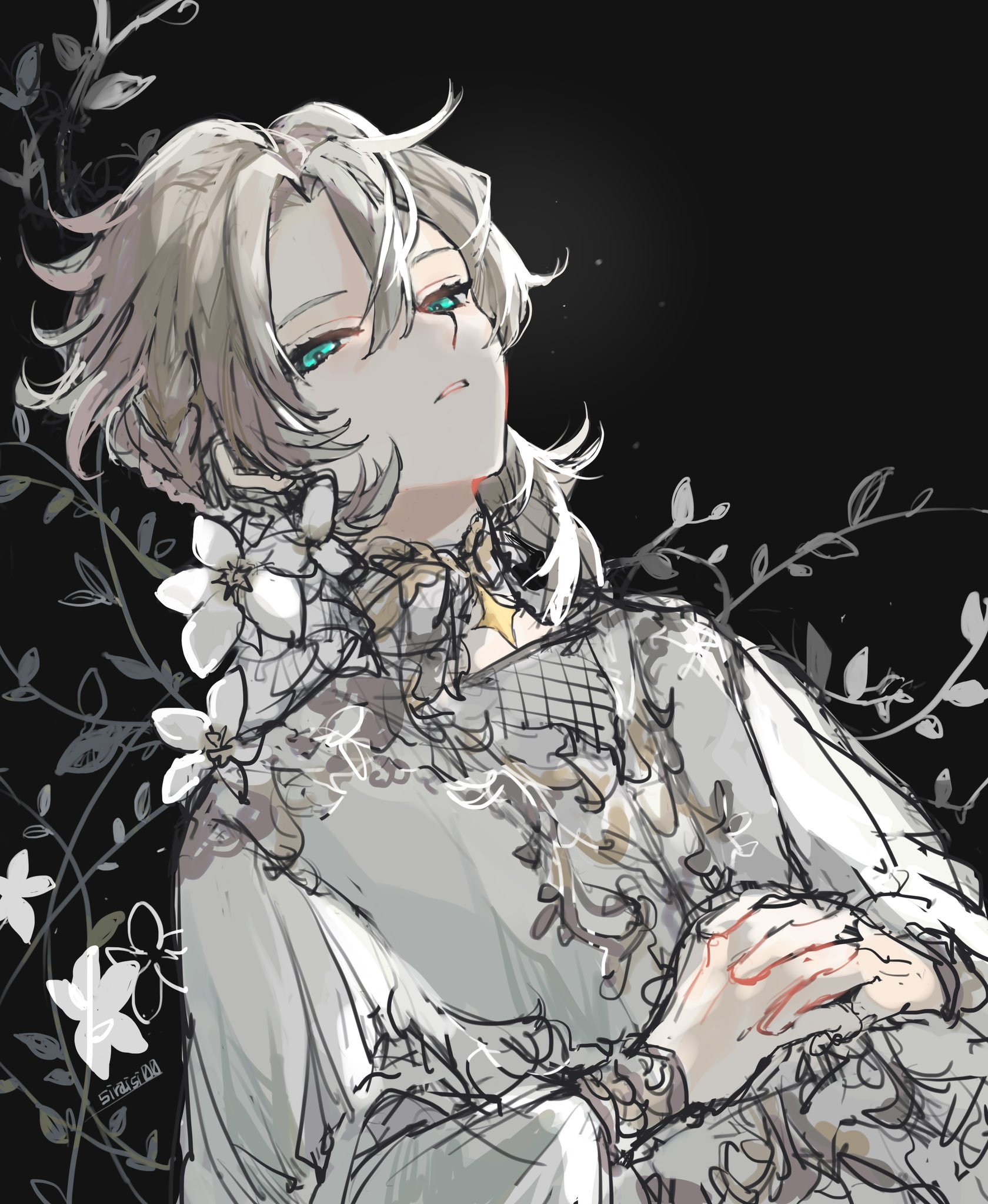 Safebooru - 1boy albedo (genshin impact) alternate costume aqua eyes bangs black background ...