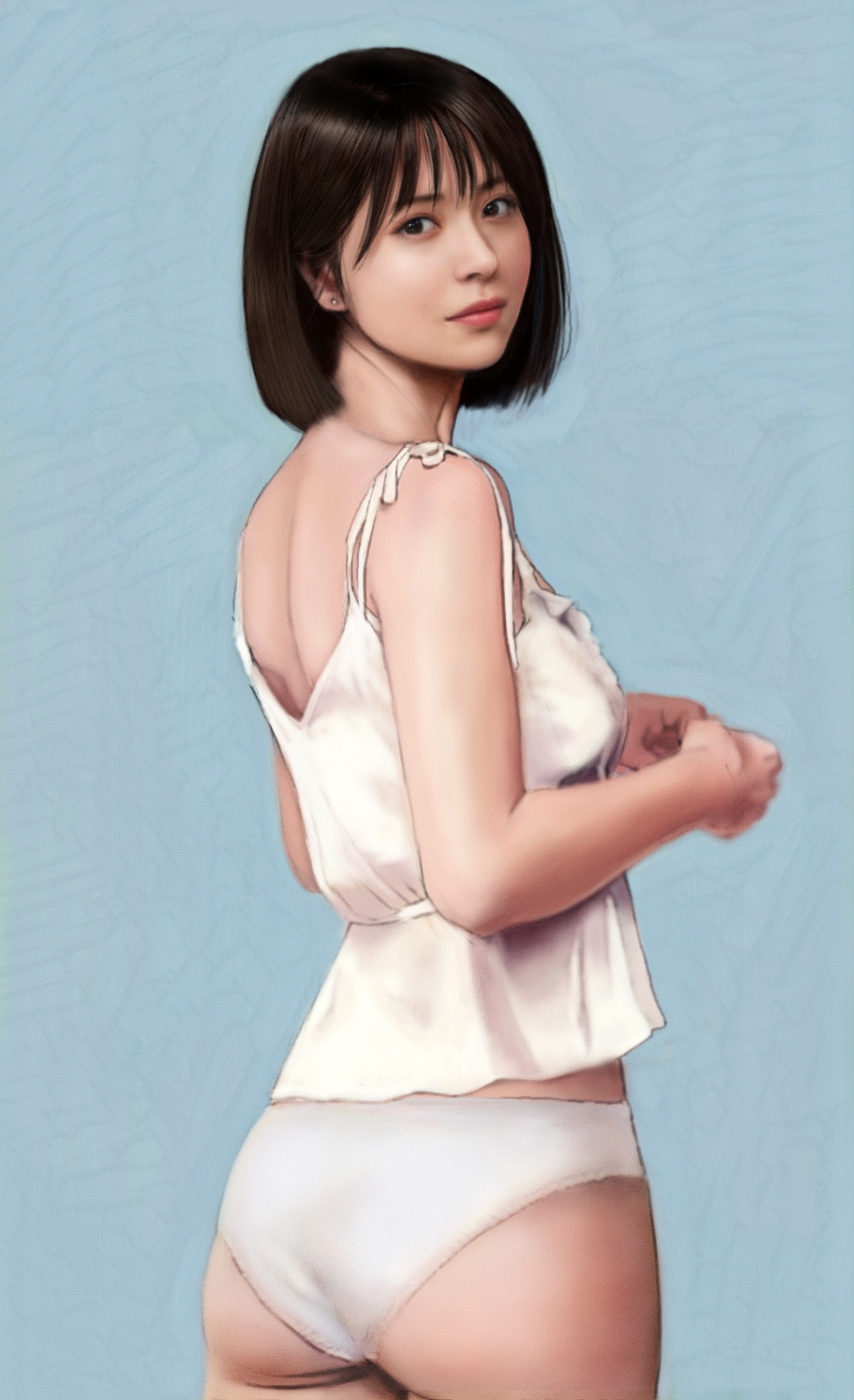 Safebooru - 1girl ass blue background camisole earrings from behind hands up highres jewelry ...