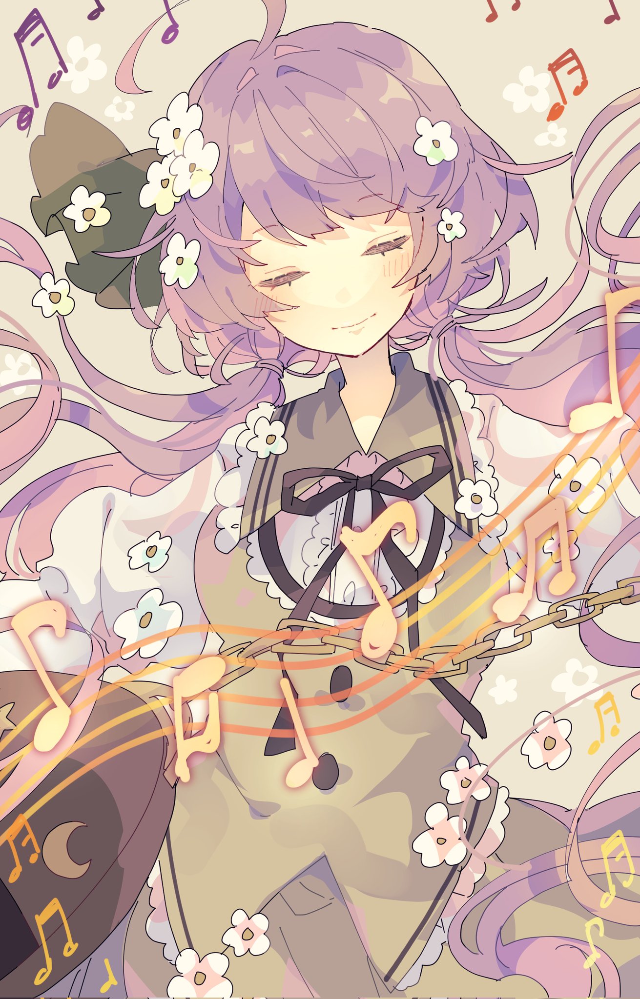 Safebooru - 1girl beamed eighth notes biwa lute black ribbon blush ...