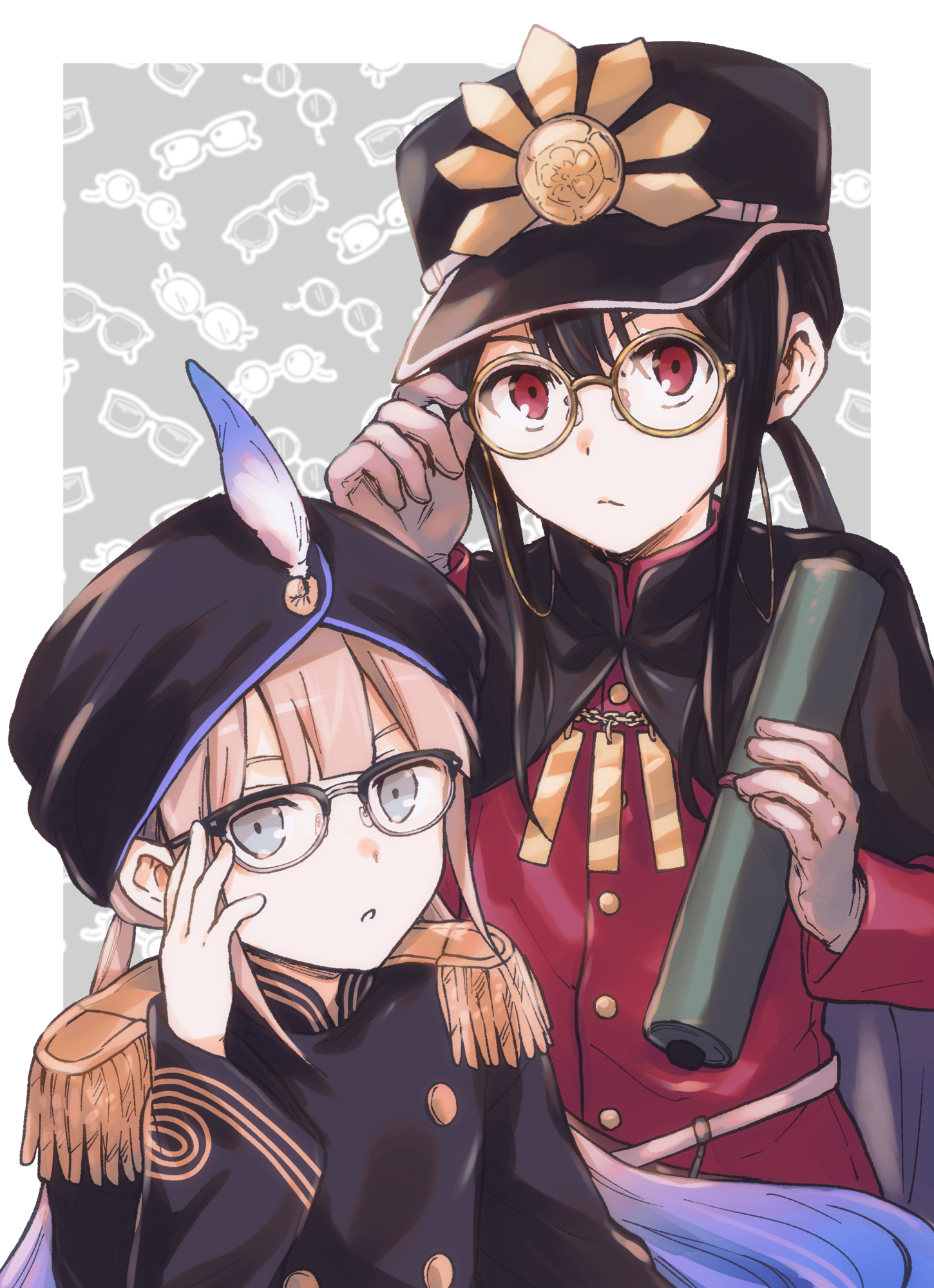 Safebooru - :o bangs bespectacled black cape black hair blue hair brown ...