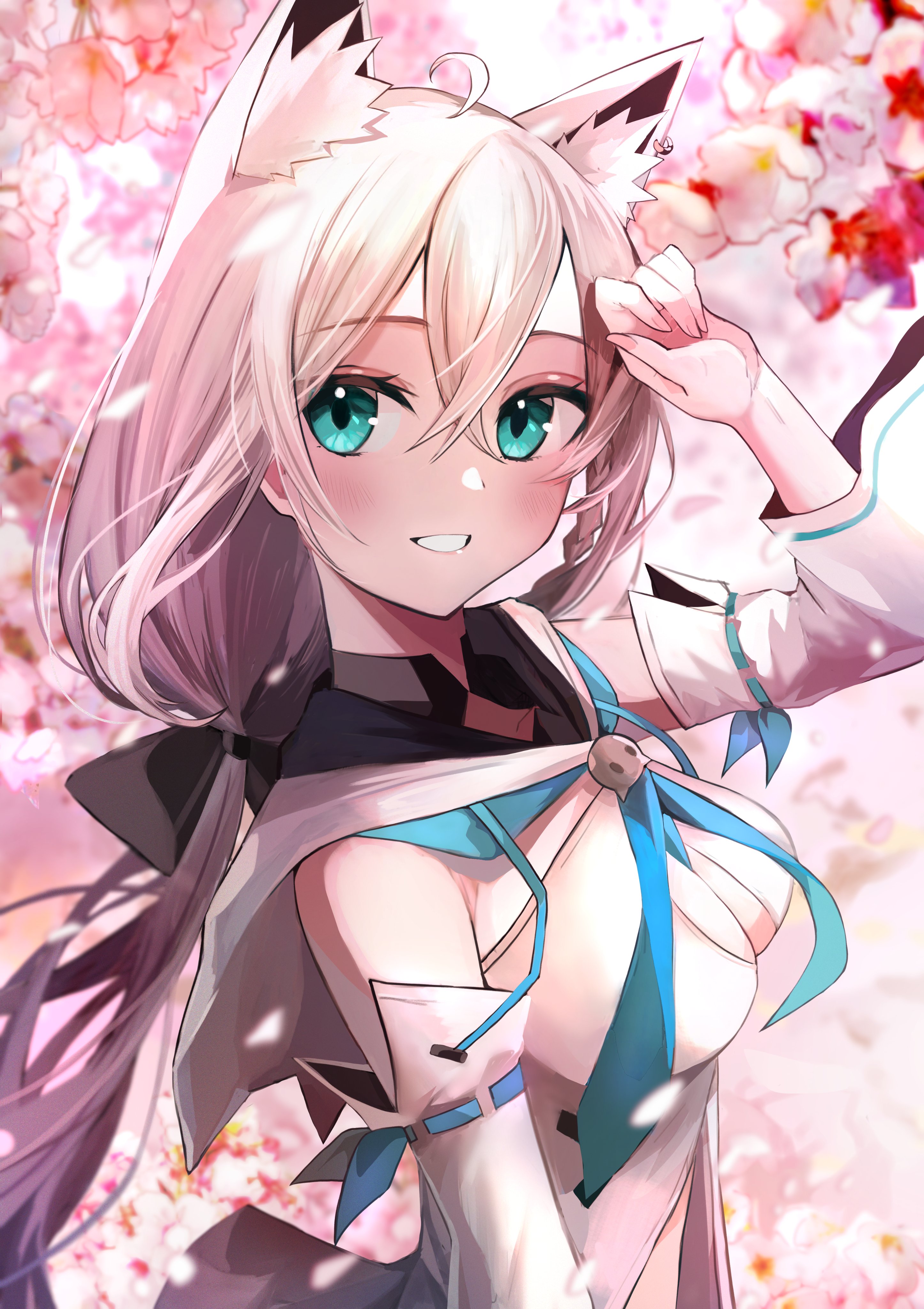 Safebooru - 1girl absurdres ahoge animal ear fluff animal ears arm up bangs black bow blue ...