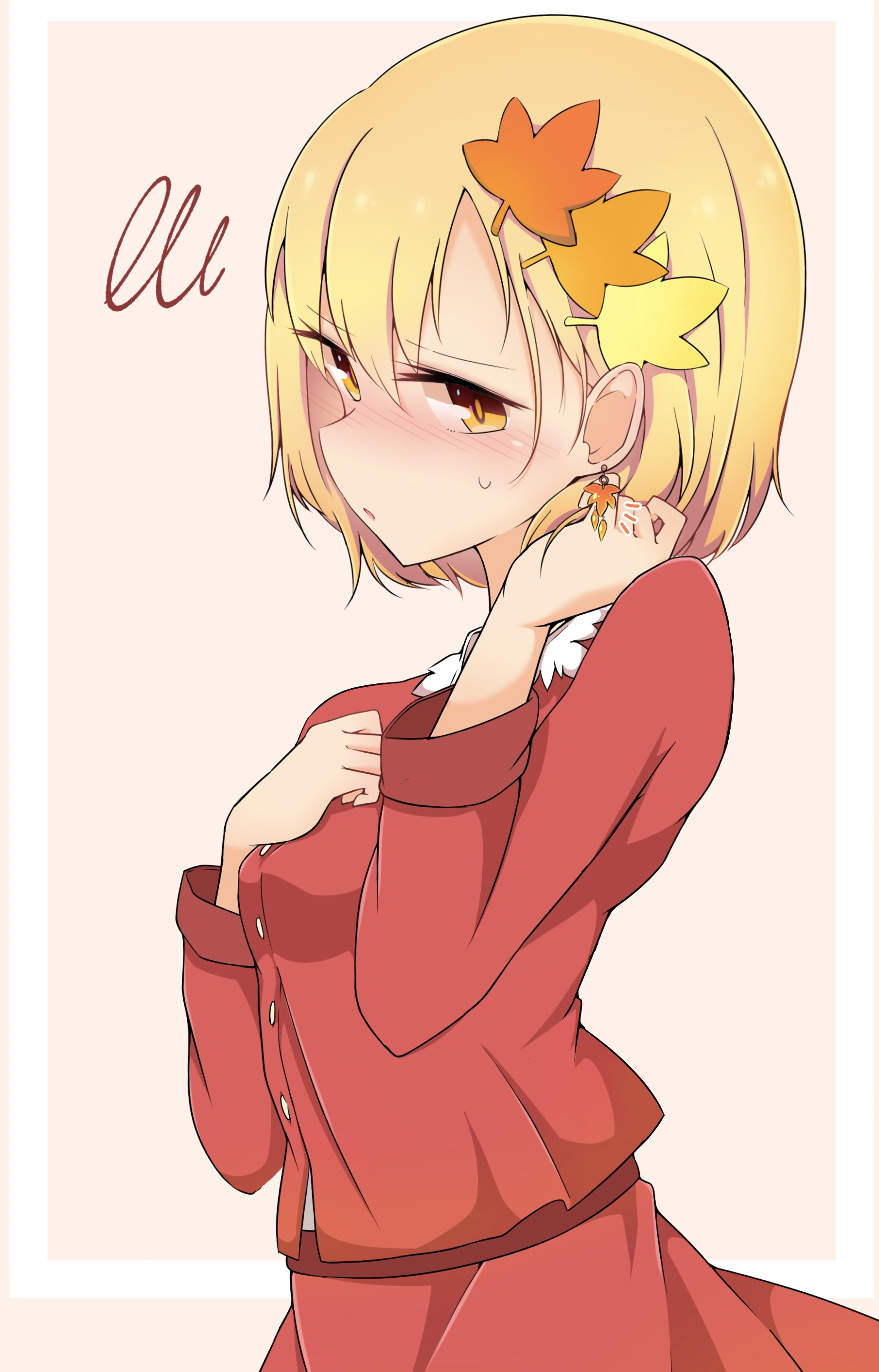 Safebooru - 1girl absurdres aki shizuha autumn leaves bangs blonde hair blush border breasts ...