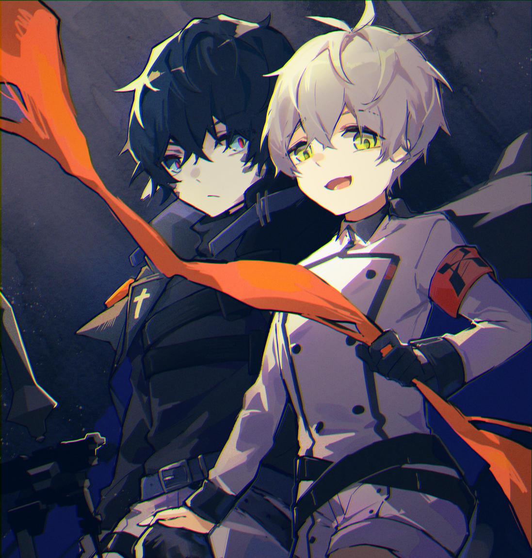 Safebooru - 2boys arknights armband aruke0 belt bishounen black hair black shirt blue eyes coat ...