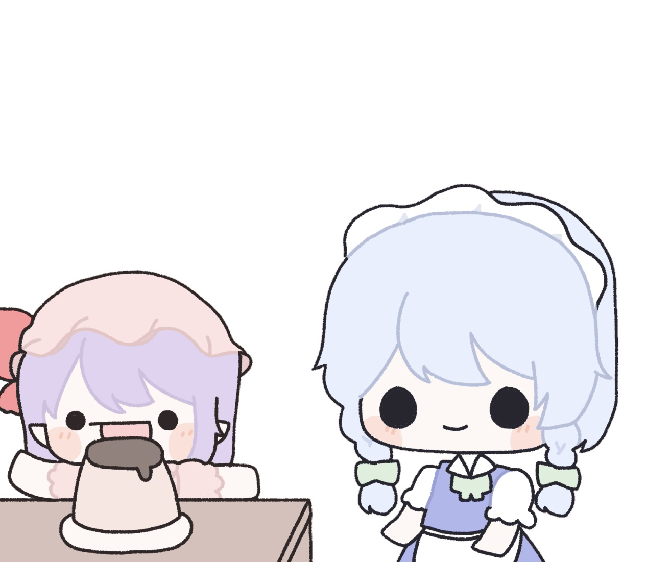 Safebooru - 2girls :d apron blue dress blush braid chibi dress food ...