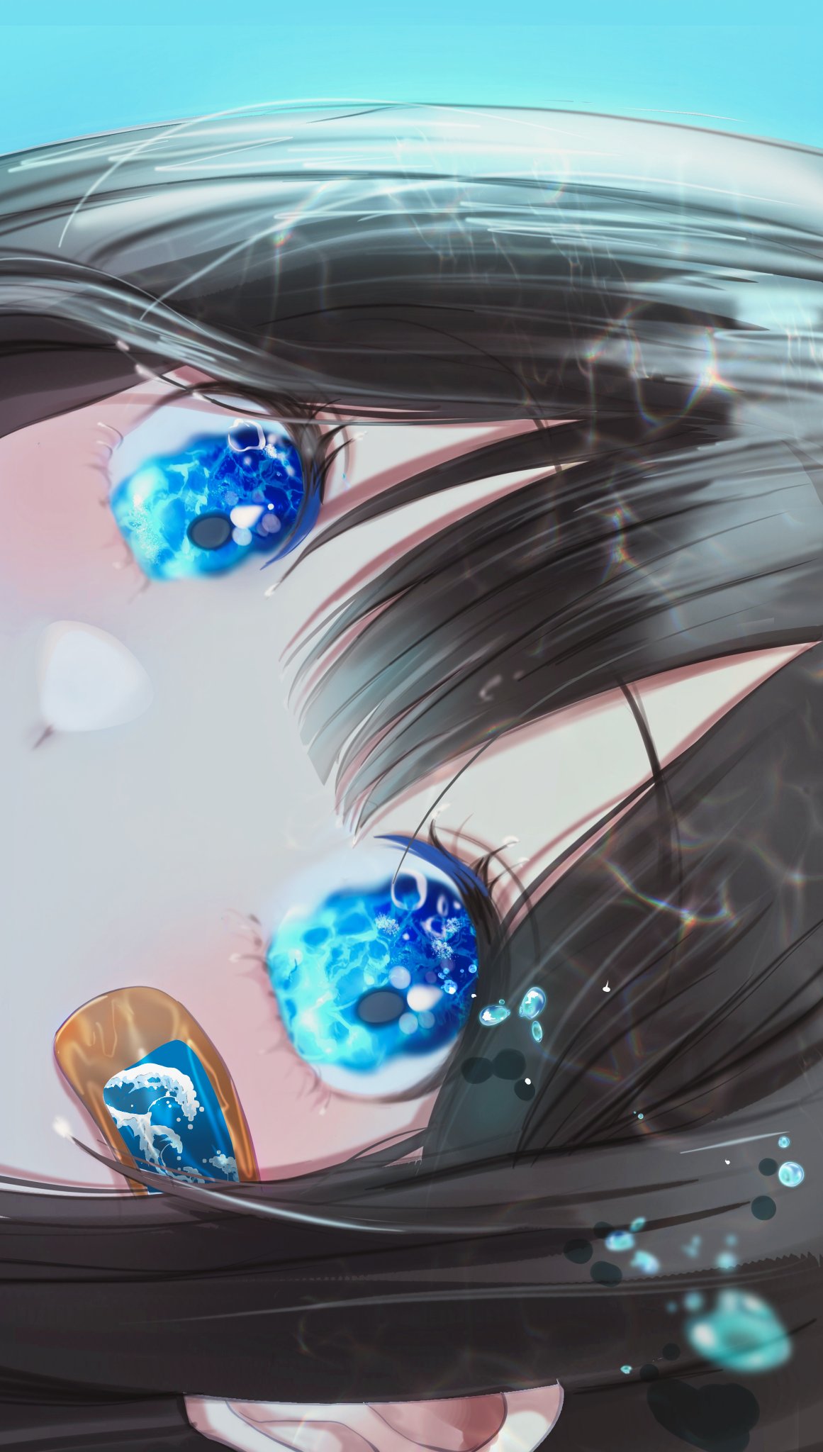 Safebooru - 1girl air bubble bandaid bandaid on cheek bandaid on face bangs black hair blue ...