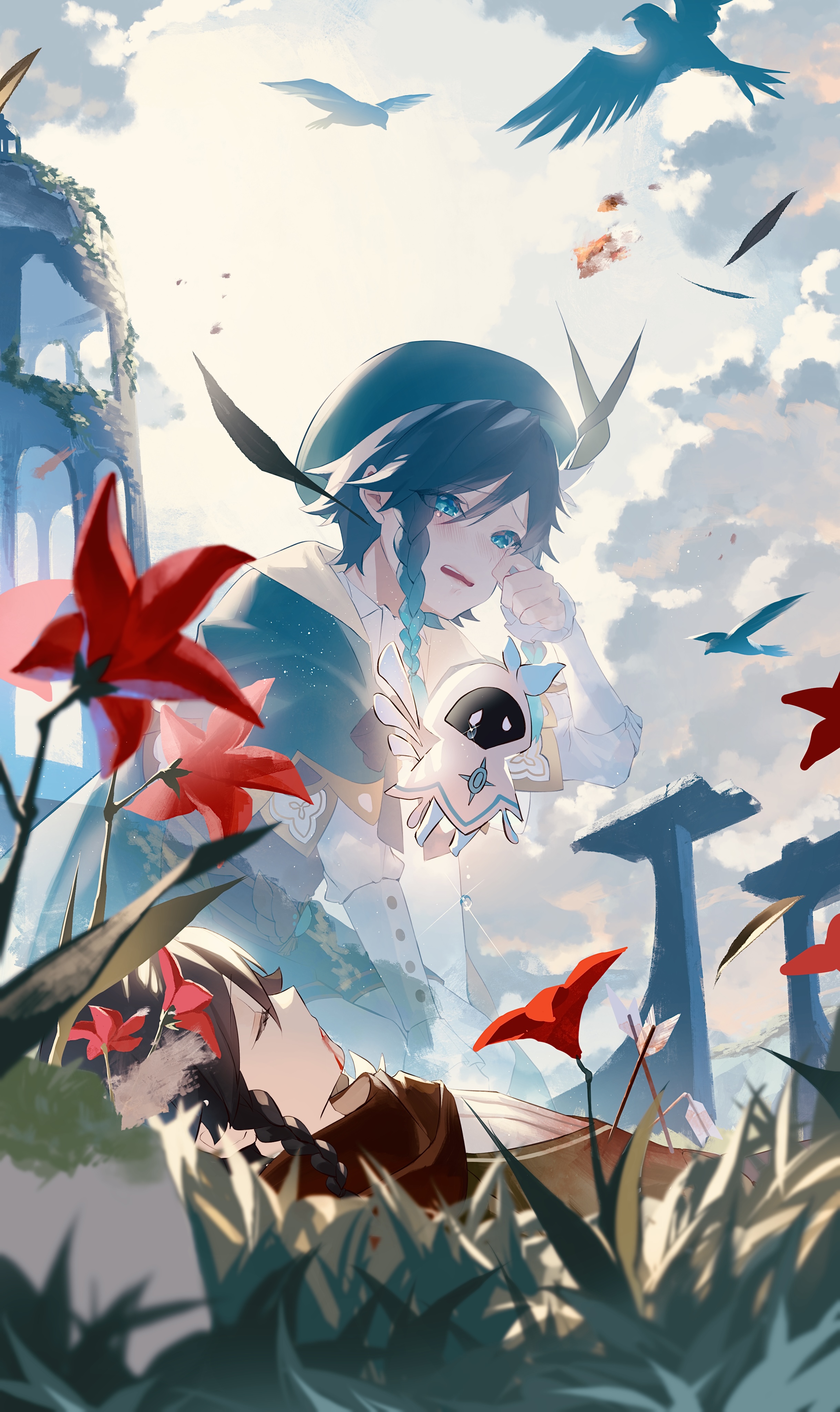 Safebooru - 2boys absurdres androgynous armor arrow in body bangs barbatos (genshin impact ...