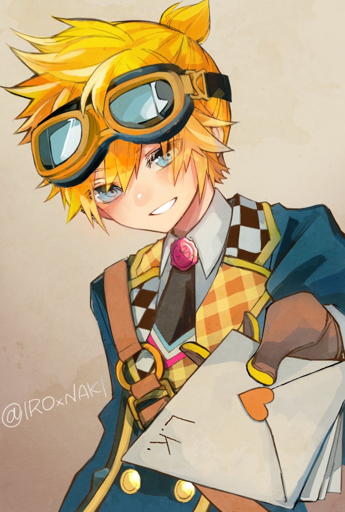 Safebooru - 1boy aqua eyes bishounen blonde hair blue eyes envelope giving goggles goggles on ...