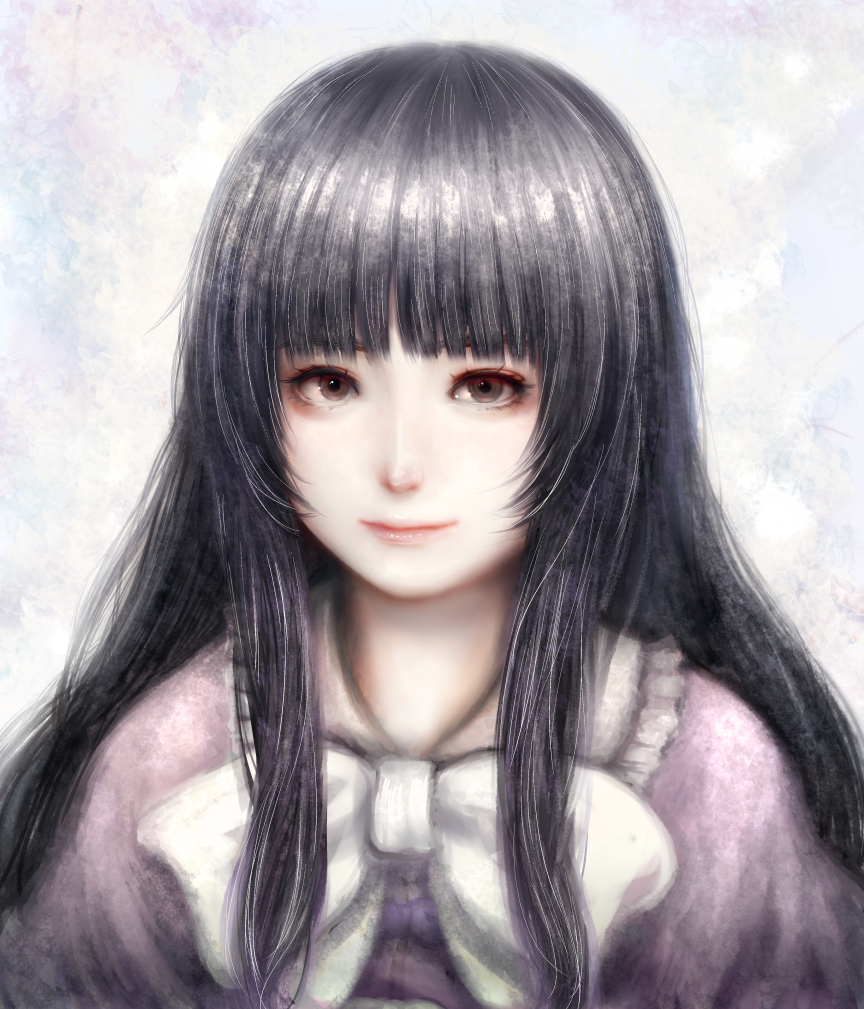 Safebooru - 1girl bangs black hair blunt bangs bow bowtie brown eyes closed mouth collared shirt ...