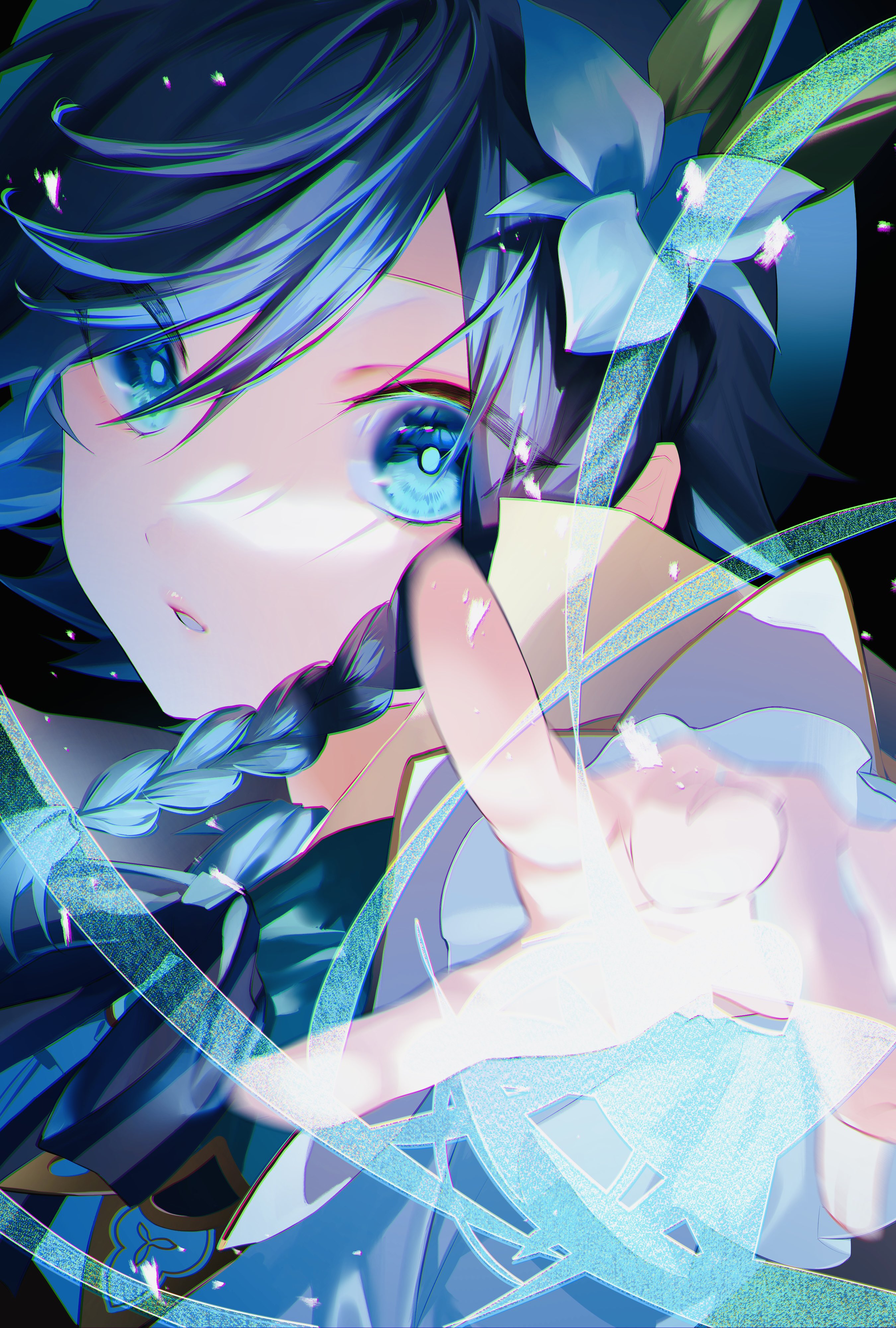 Safebooru - 1boy absurdres androgynous aqua eyes aqua hair black hair braid collar collared cape ...