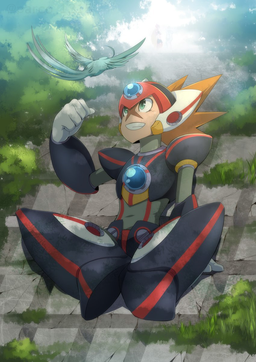 Safebooru - 1boy android arm behind back axl (mega man) bird brown hair ...