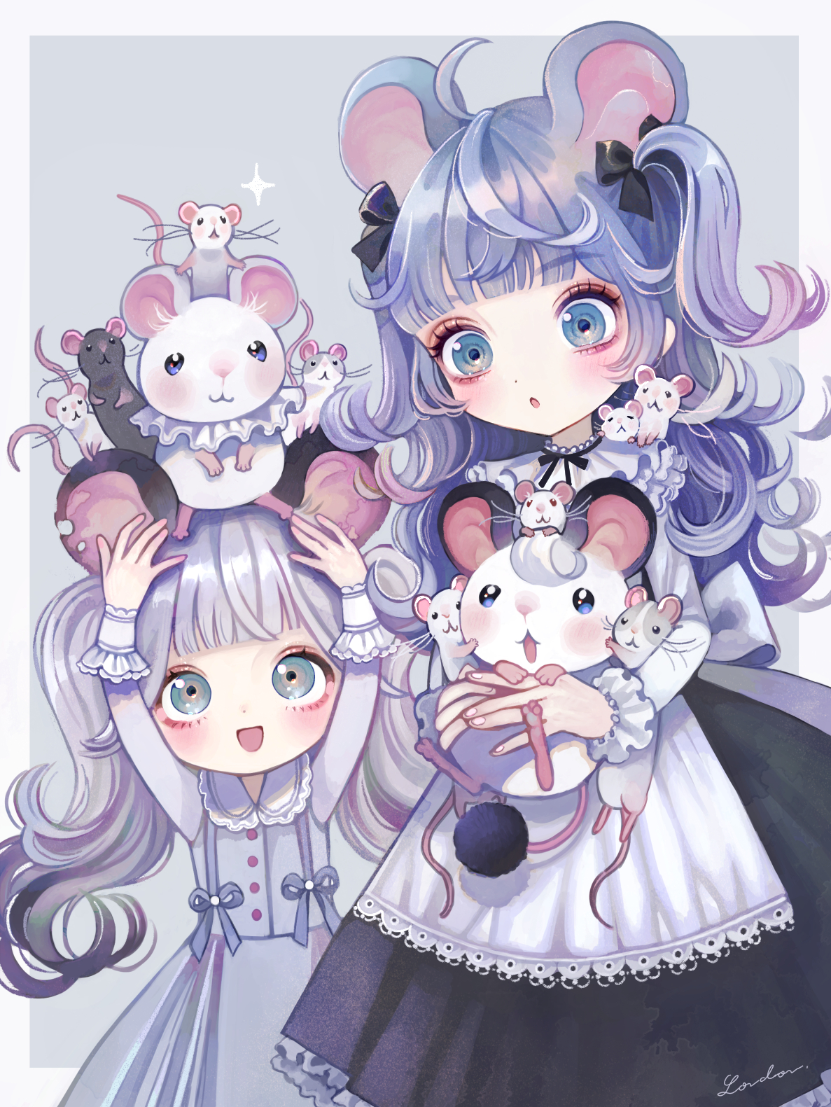 Safebooru - 2girls animal ears blue eyes dress extra ears feet out of ...
