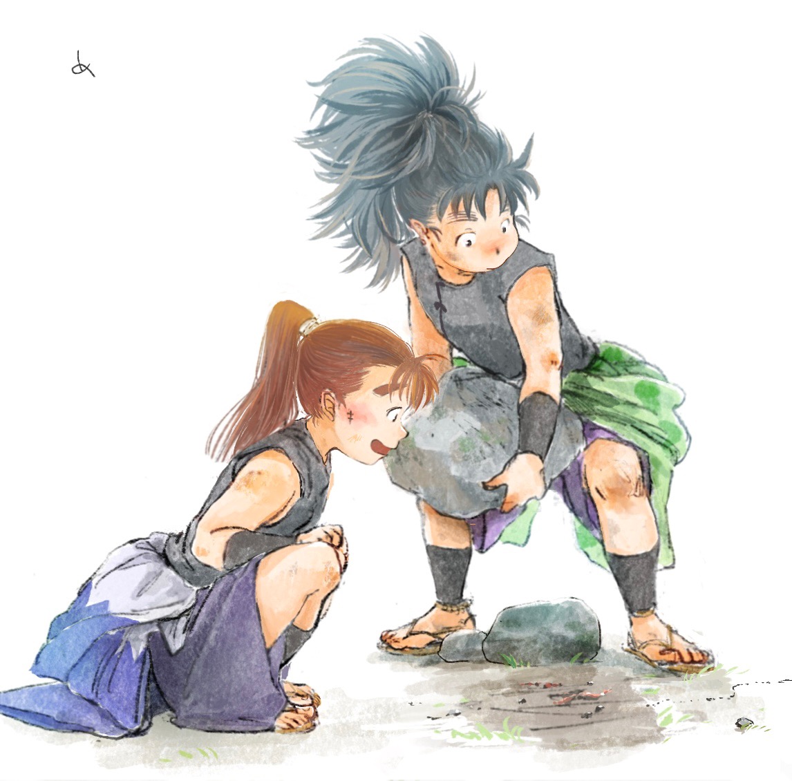 Safebooru - 2boys :d ant arm guards bangs black hair blush brown hair ...