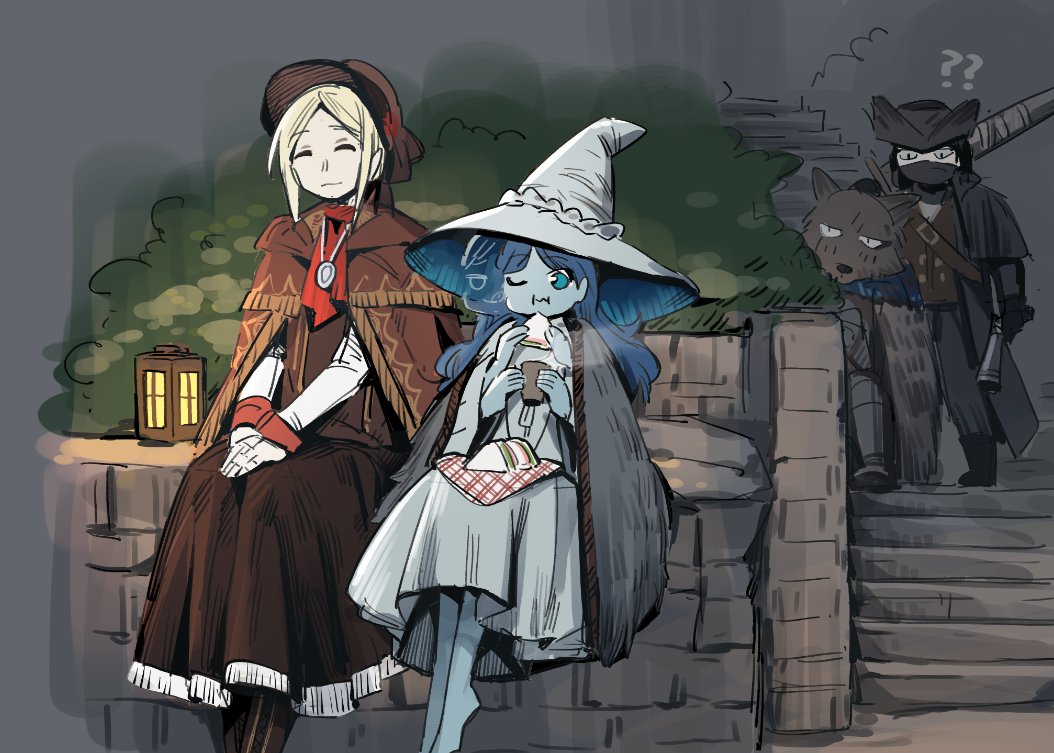 Safebooru - 2boys 2girls animal head ascot bangs blaidd the half-wolf bloodborne blue eyes blue ...
