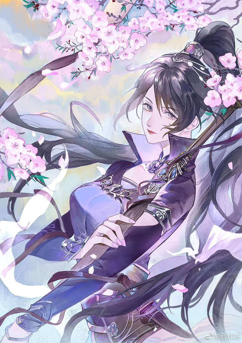 Safebooru - 1girl black hair cherry blossoms dress expressionless hair ...