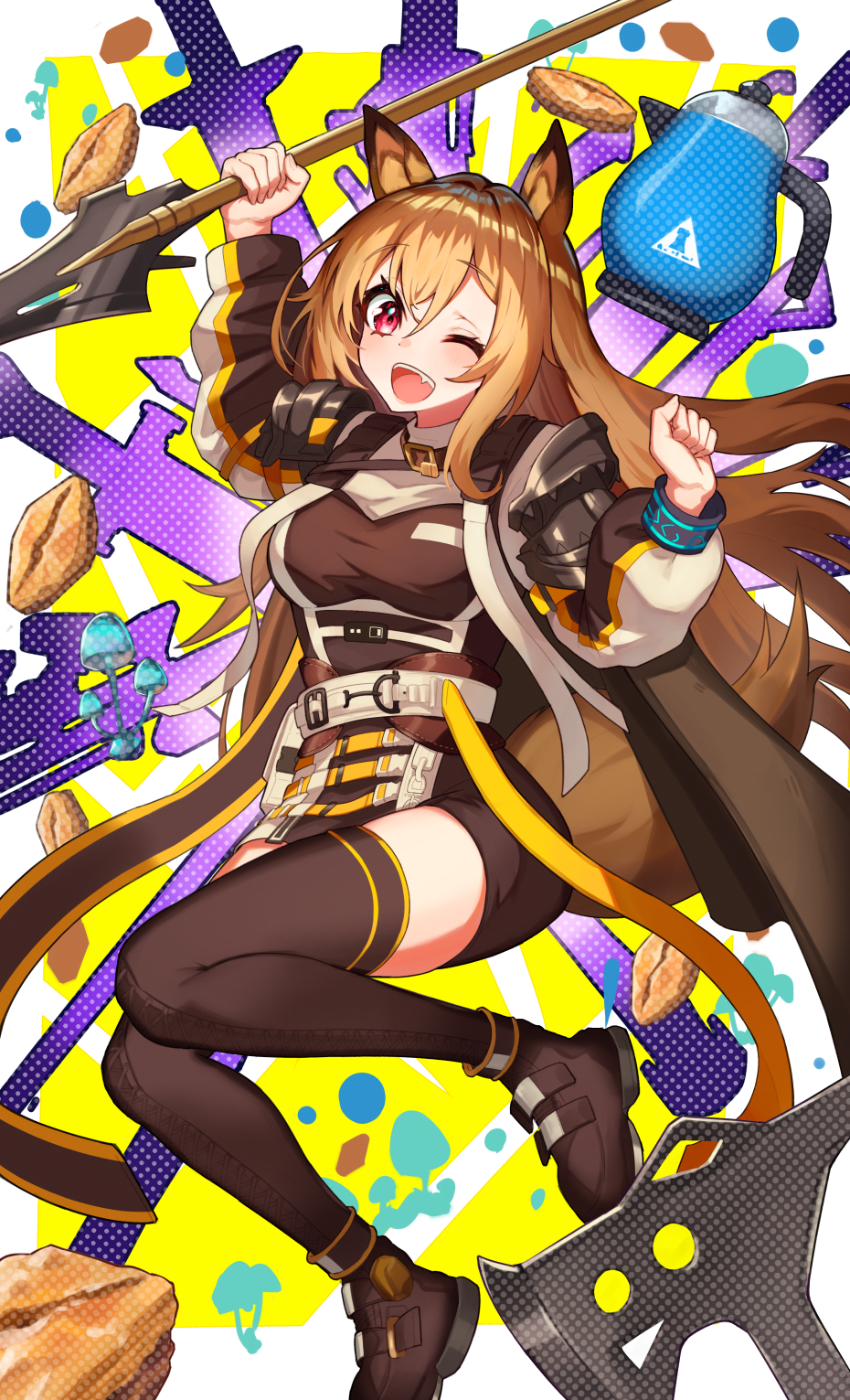 Safebooru - 1girl animal ears arknights arm over head arm up armor axe bangs belt belt buckle ...
