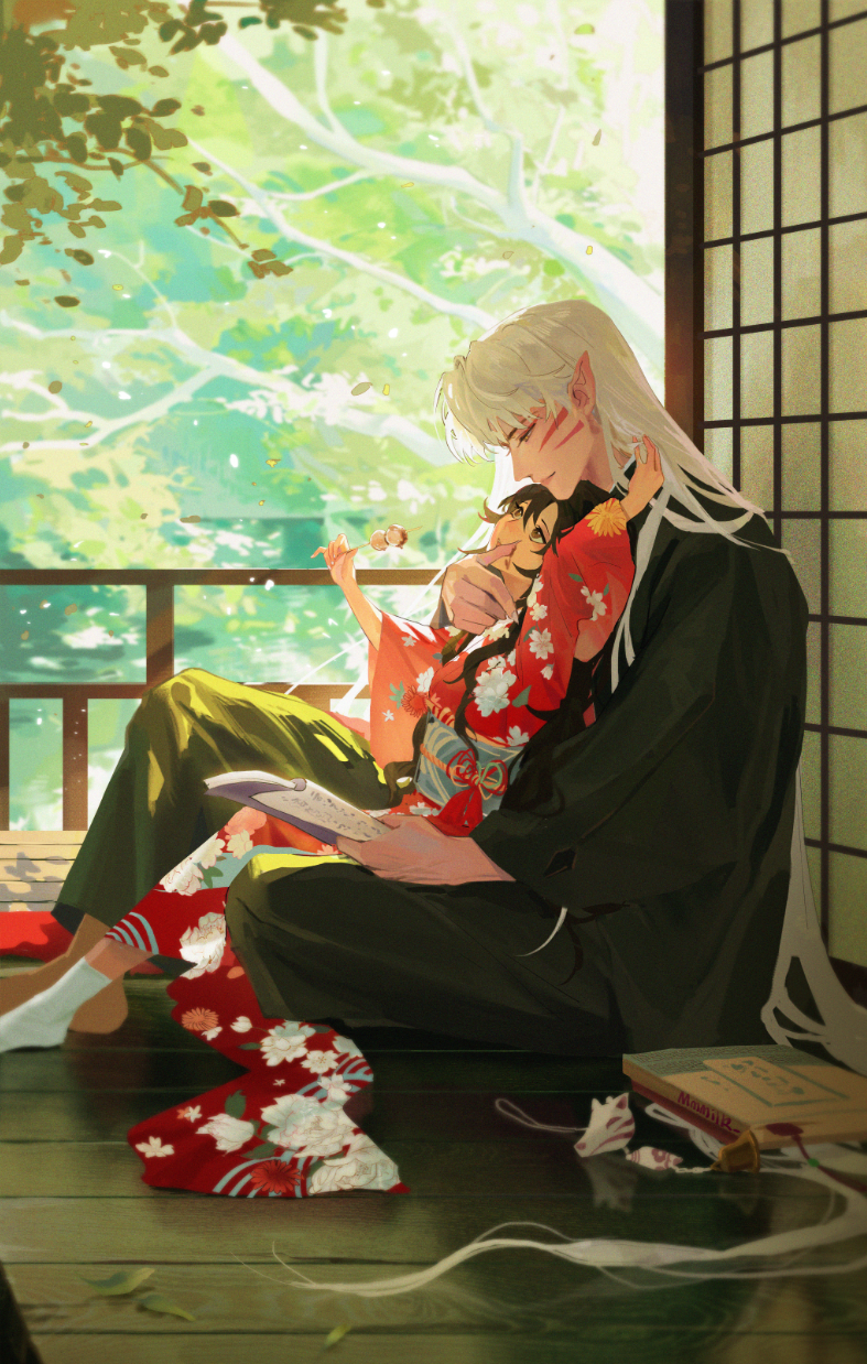 Safebooru - 1boy 1girl black kimono book branch closed mouth commentary dango day facial mark ...