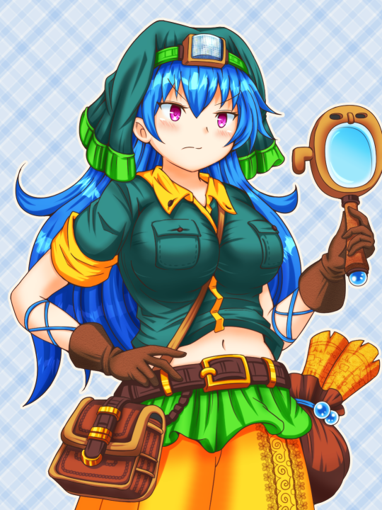 Safebooru - 1girl adapted costume alternate costume bag belt blue hair breasts brown gloves ...