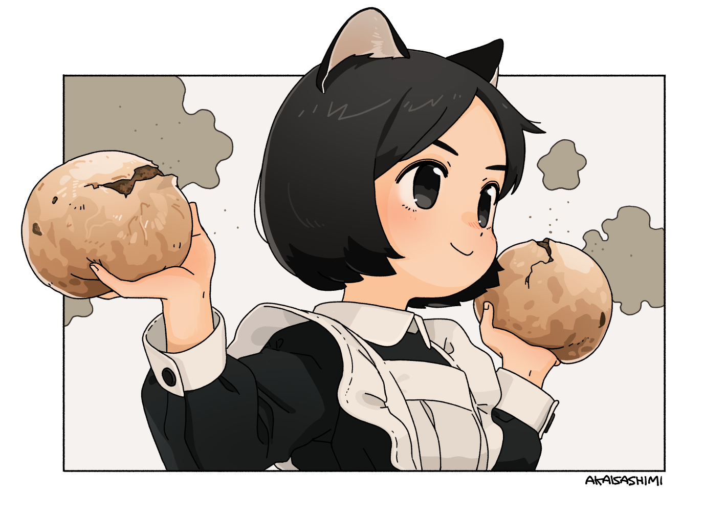 Safebooru - 1girl :> akai sashimi animal ears apron bangs black eyes black hair blush bob cut ...