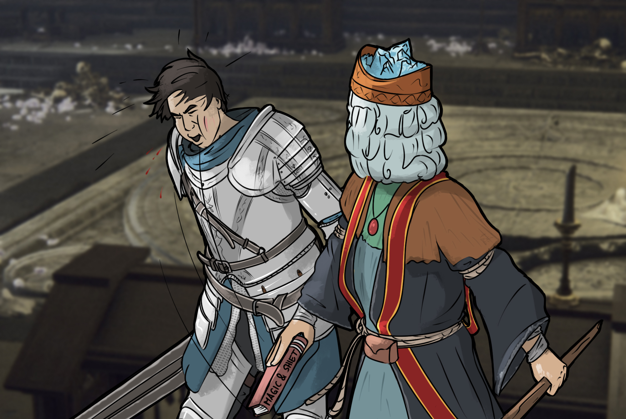 Safebooru - 1boy 1other armor black hair book breastplate closed eyes ...