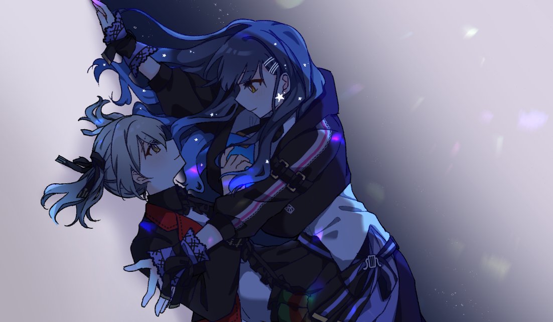 Safebooru - 2girls azusawa kohane black hair blonde hair gloves hair ornament jacket long hair ...