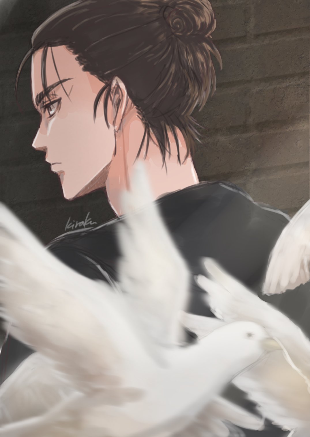 Safebooru - 1boy artist name bird black hair black jacket blurry blurry ...