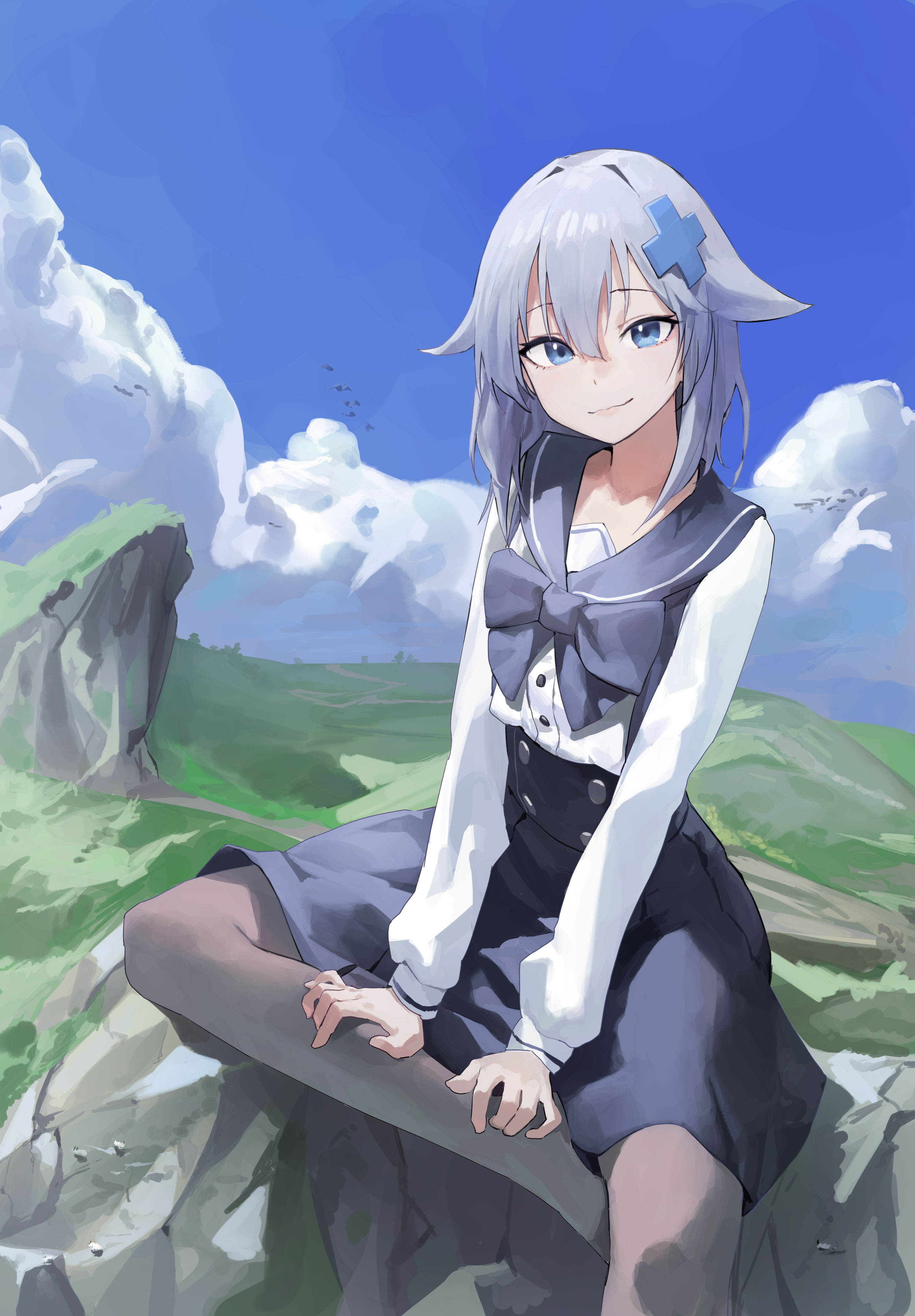 Safebooru - 1girl absurdres bird black legwear blue bow blue bowtie blue eyes blue hair blue ...