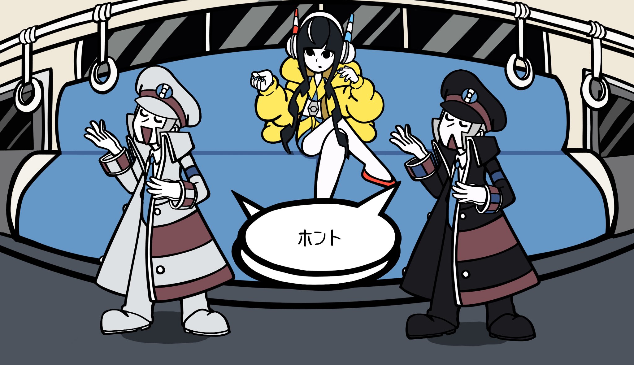 Safebooru - 1girl 2boys bangs battle subway black coat black footwear ...