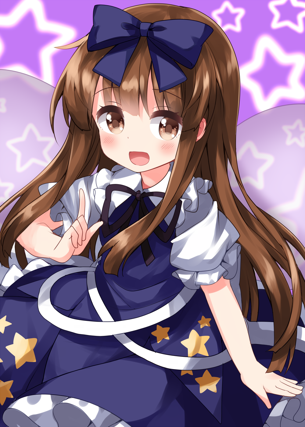 Safebooru - 1girl :d bangs blue dress blush bow brown eyes brown hair ...