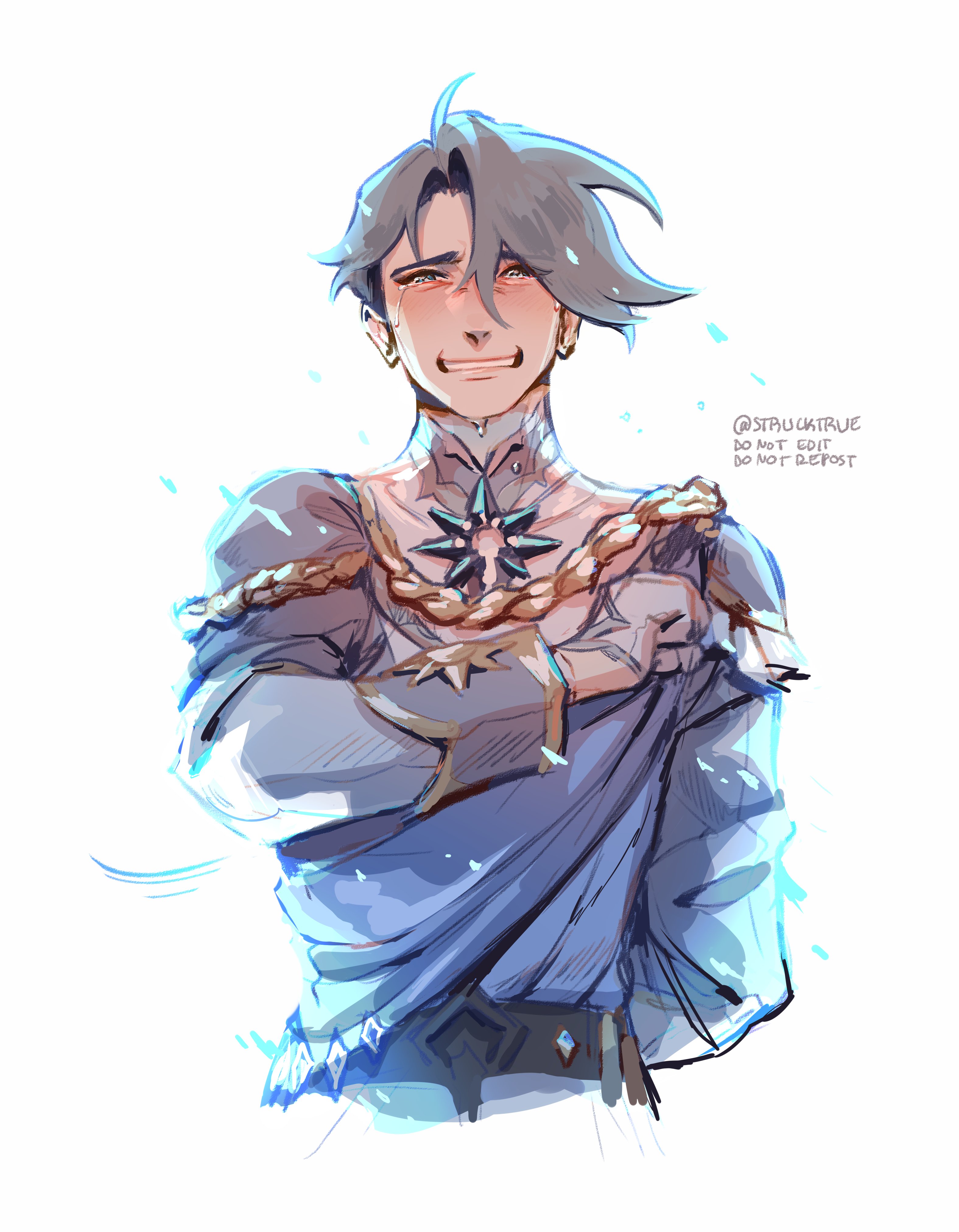 Safebooru - 1boy absurdres bangs blue eyes blue hair commentary crying ...