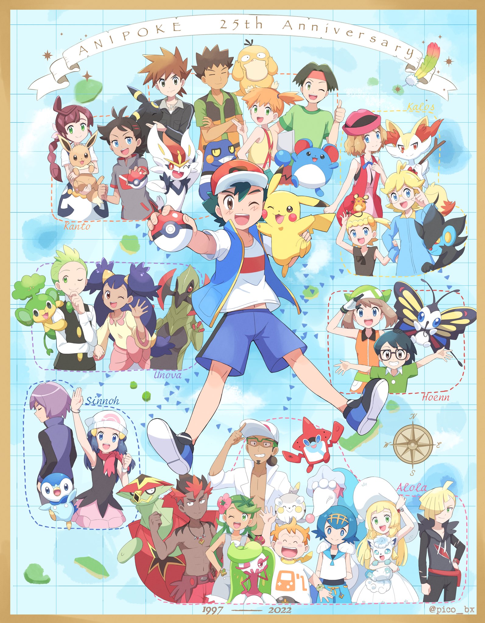 Safebooru - 6+boys 6+girls ;d alolan vulpix anniversary ash ketchum bangs baseball cap beautifly ...