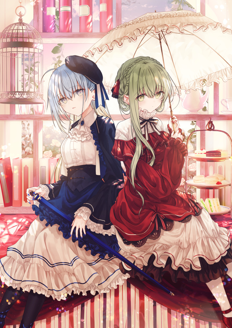 Safebooru - 2girls ahoge bangs beret birdcage black headwear black legwear blue hair blue nails ...