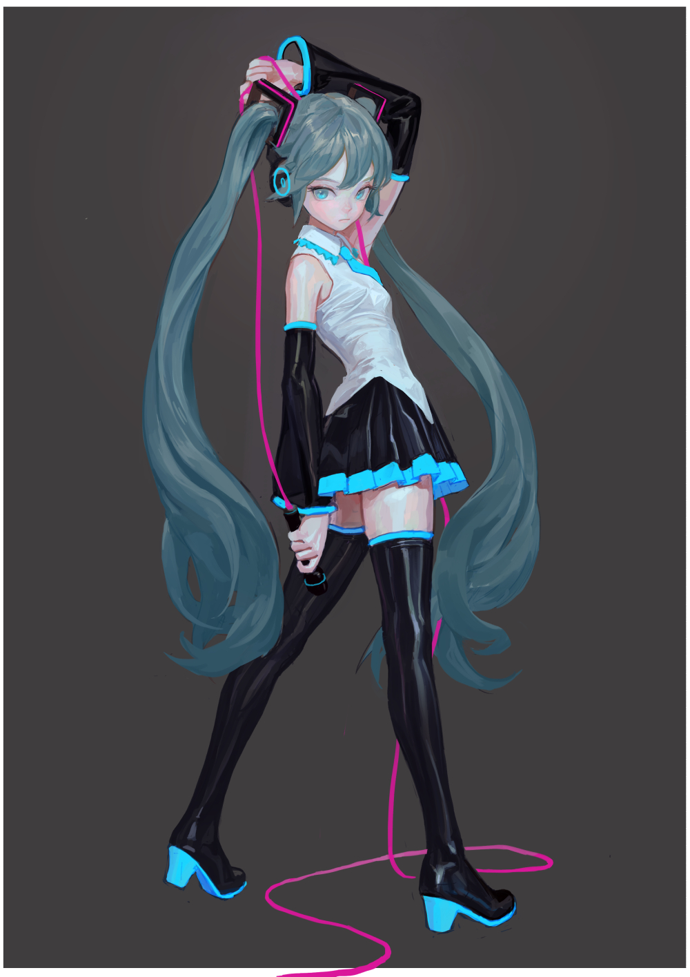 Safebooru - 1girl aqua eyes aqua hair aqua necktie black legwear blush boots detached sleeves ...