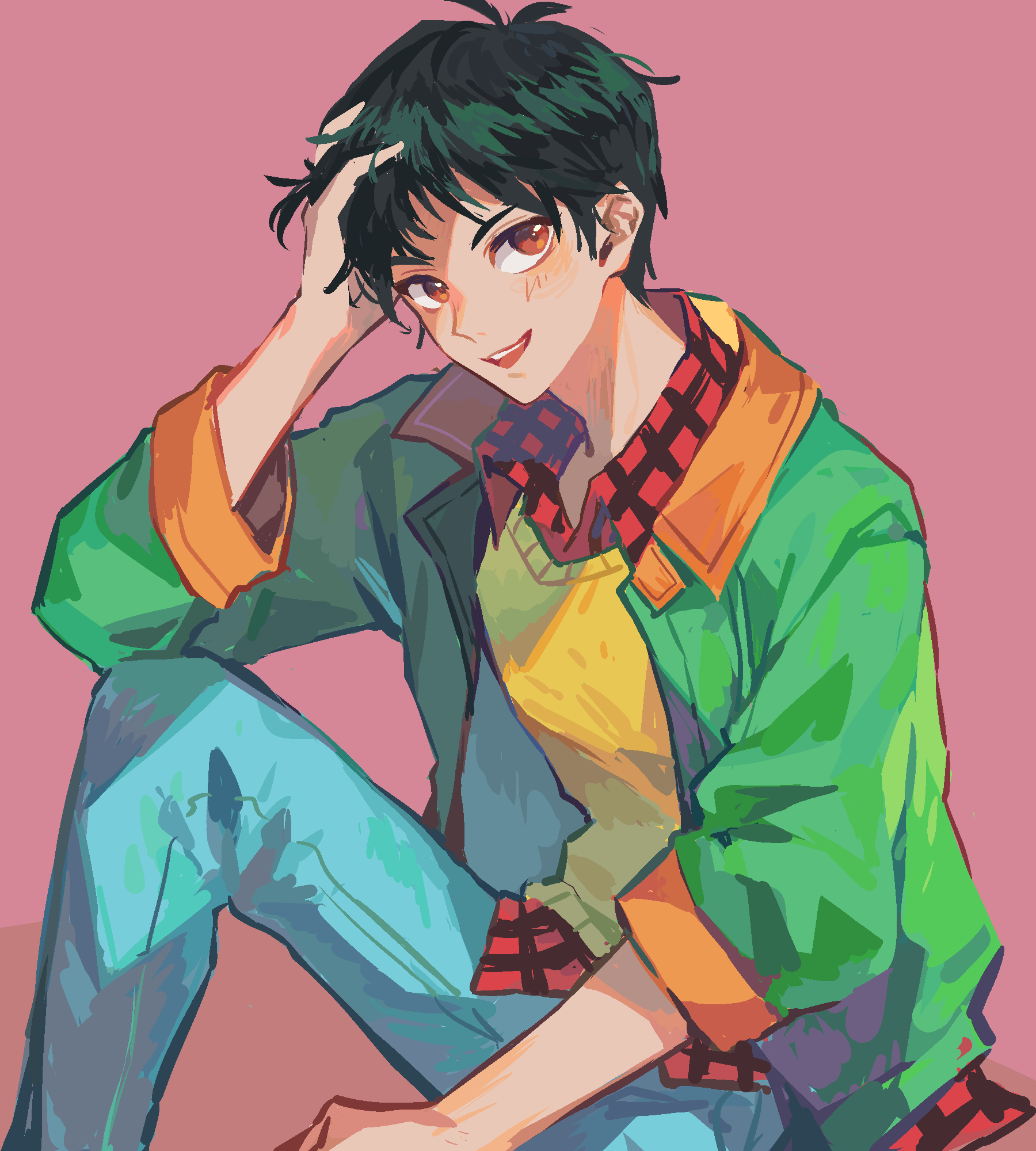 Safebooru - 1boy black hair brown eyes denim green jacket hair down ...