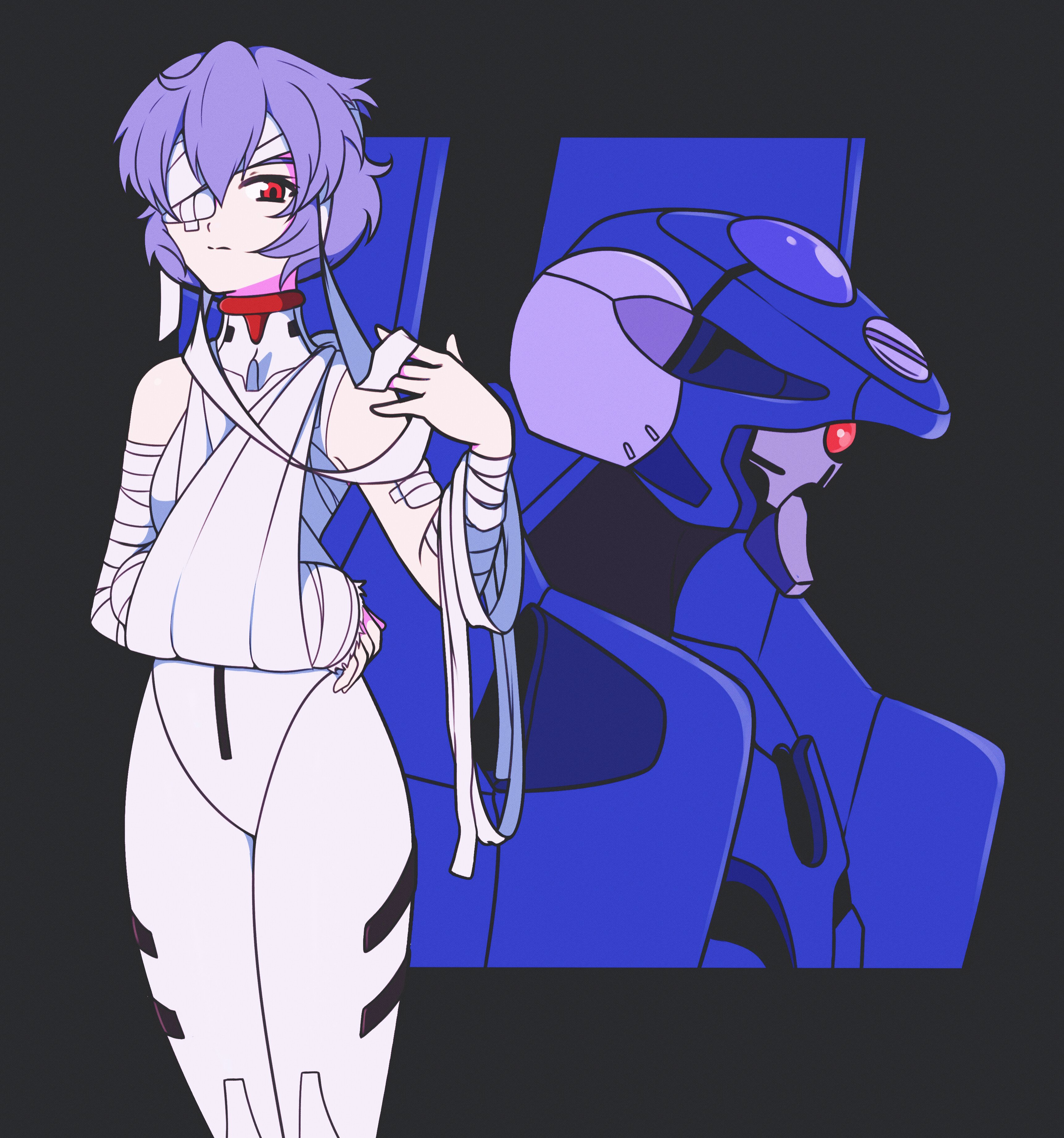 Safebooru - 1girl absurdres ayanami rei bandage over one eye bandaged arm bandages bangs blue ...